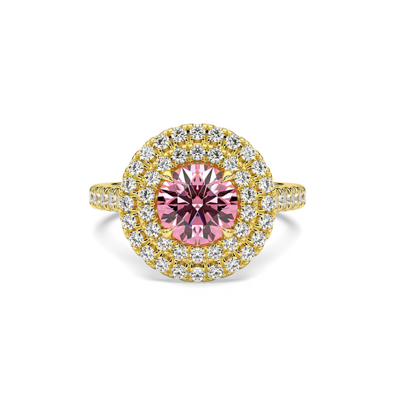 Bague Odéon Double Halo Diamant Rose Rond en Or 18K
