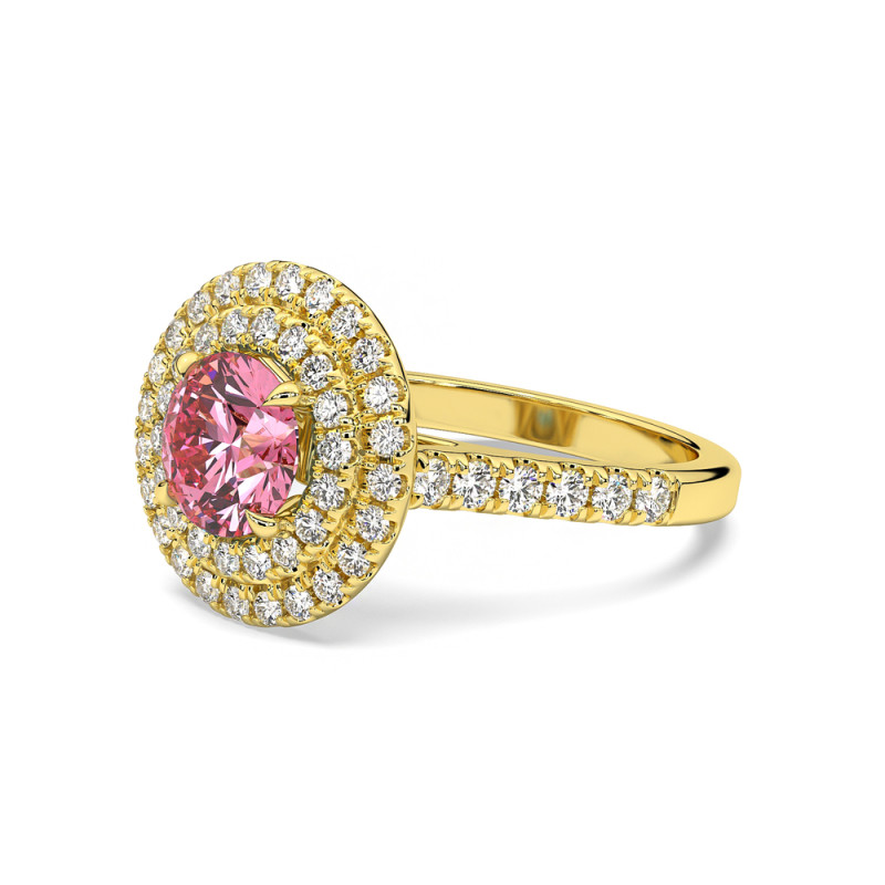 Bague Odéon Double Halo Diamant Rose Rond en Or 18K